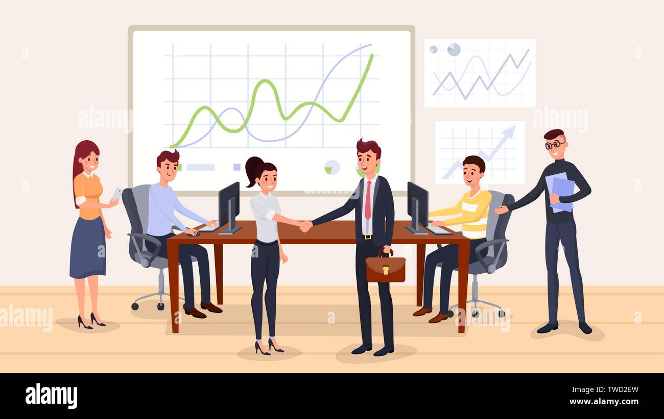 Business negotiation flat vector illustration. Smiling people shaking ...