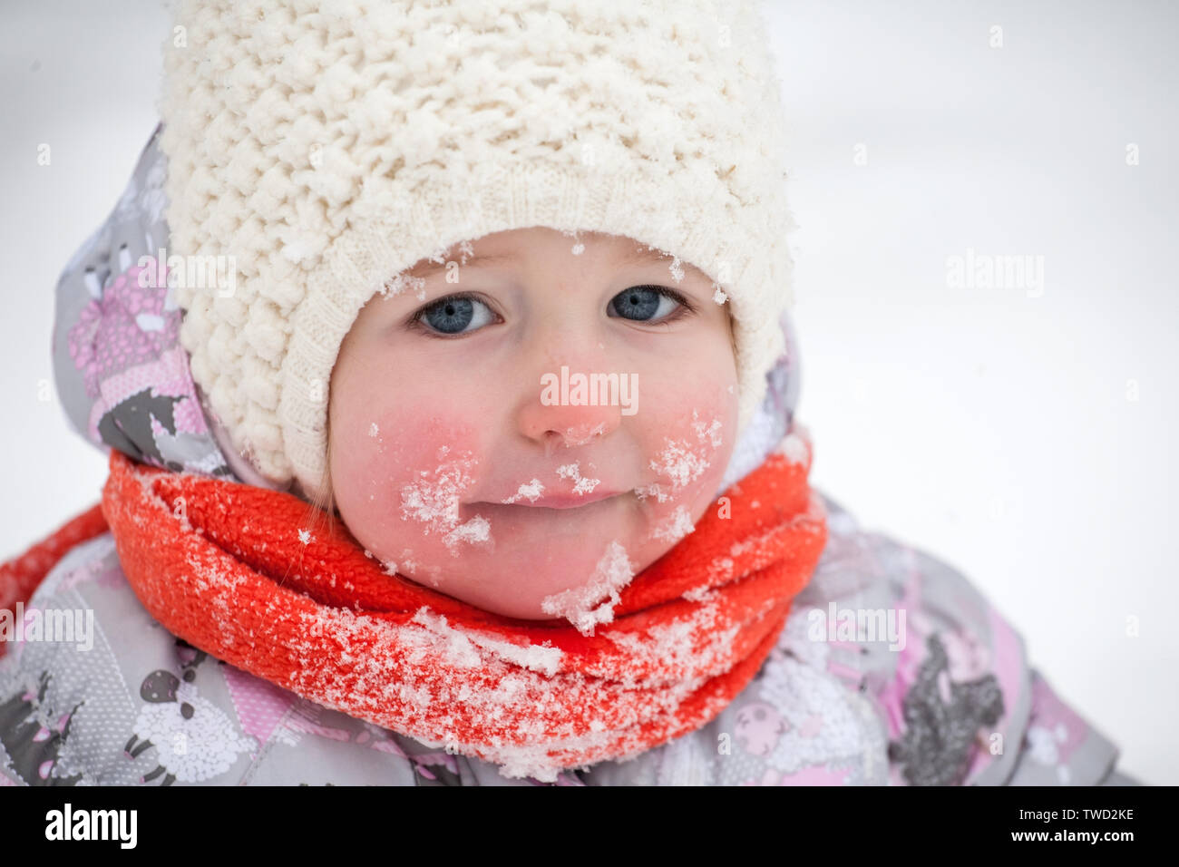 toddler girl in winter clothes eating snow portrait closeup Stock Photo ...