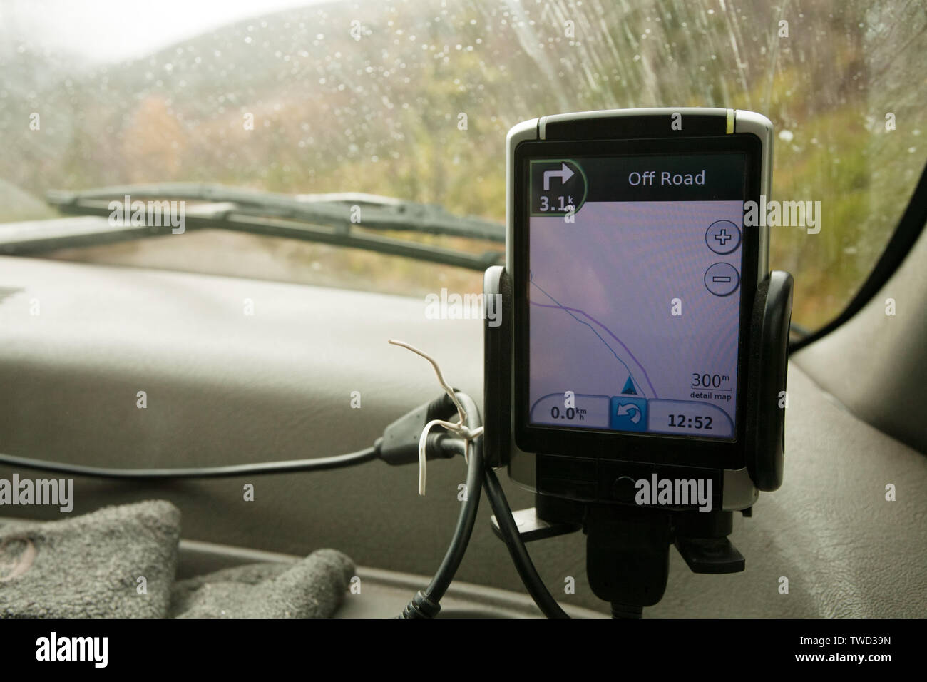 navigator screen with off road legend and map image in car closeup view ...