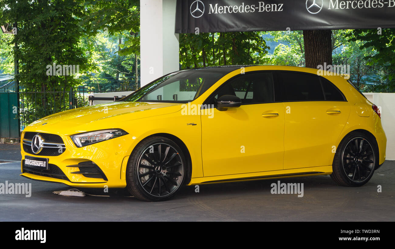 A yellow Mercedes A 35 AMG 4MATIC. 2019 edition of Parco Valentino car ...