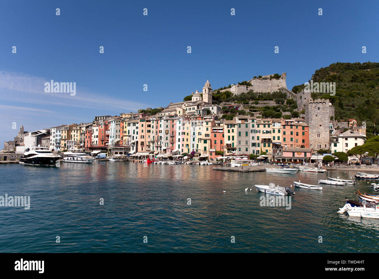 Harbor and seafront at Porto Venere, Cinque Terre, Italy Stock Photo ...