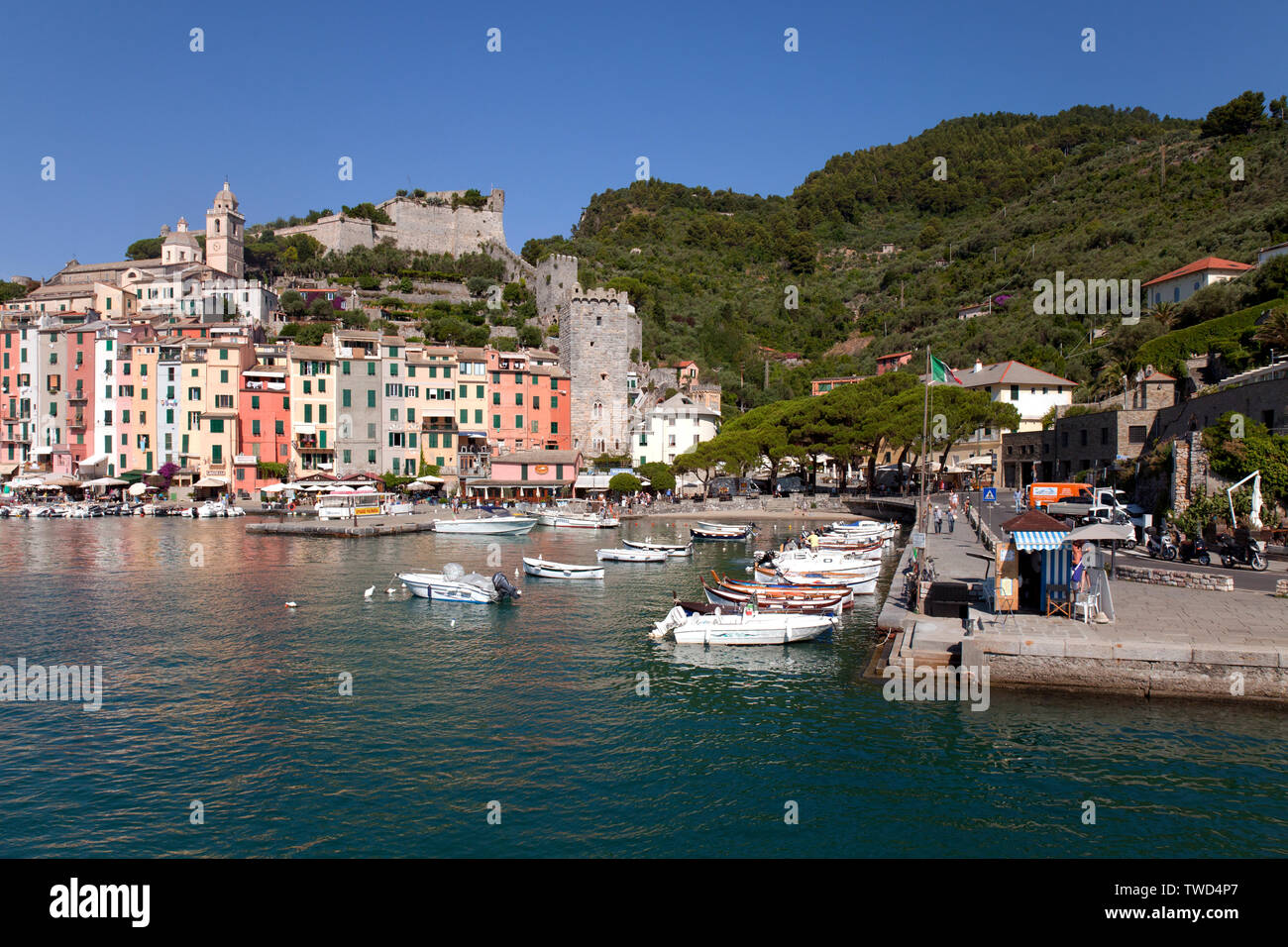Harbor and seafront at Porto Venere, Cinque Terre, Italy Stock Photo ...