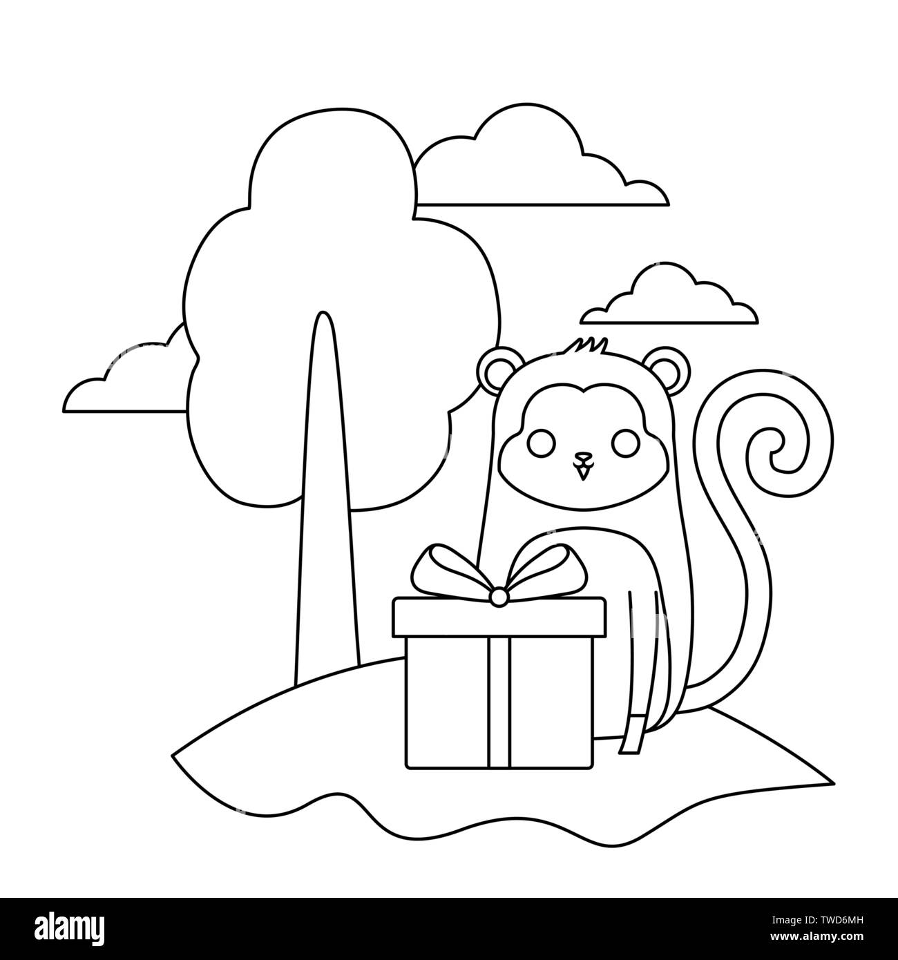 cute monkey animal with gift box in landscape vector illustration ...