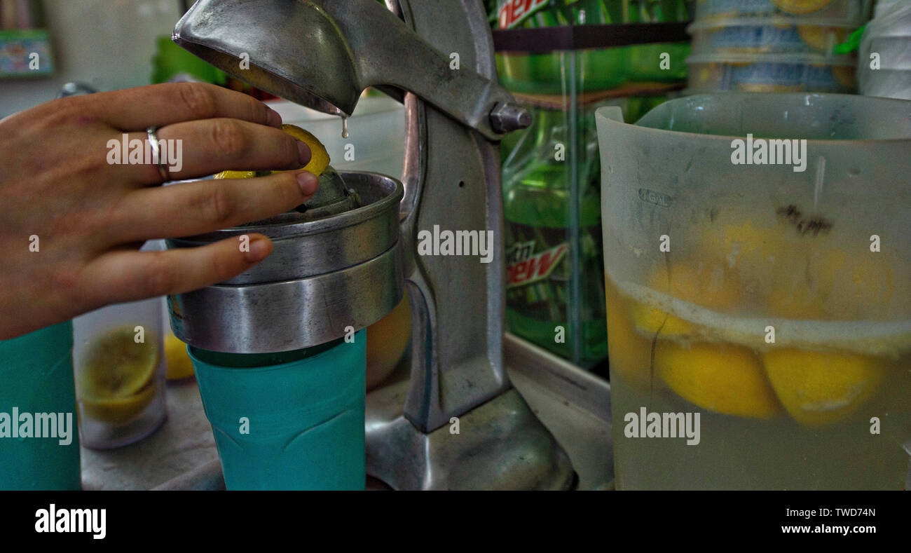UNITED STATES - July 24, 2017: Lemonade being made by the gallon on ...