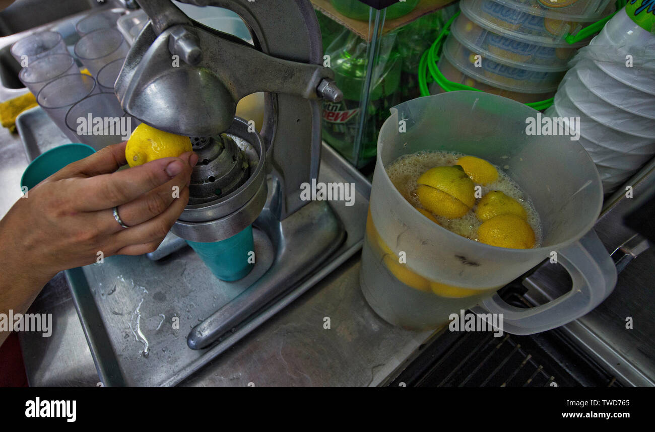 UNITED STATES - July 24, 2017: Lemonade being made by the gallon on ...