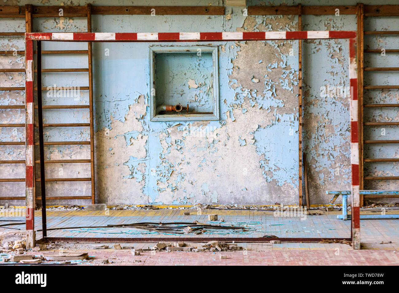 Eastern Europe, Ukraine, Pripyat, Chernobyl. Indoor sports court in a ...