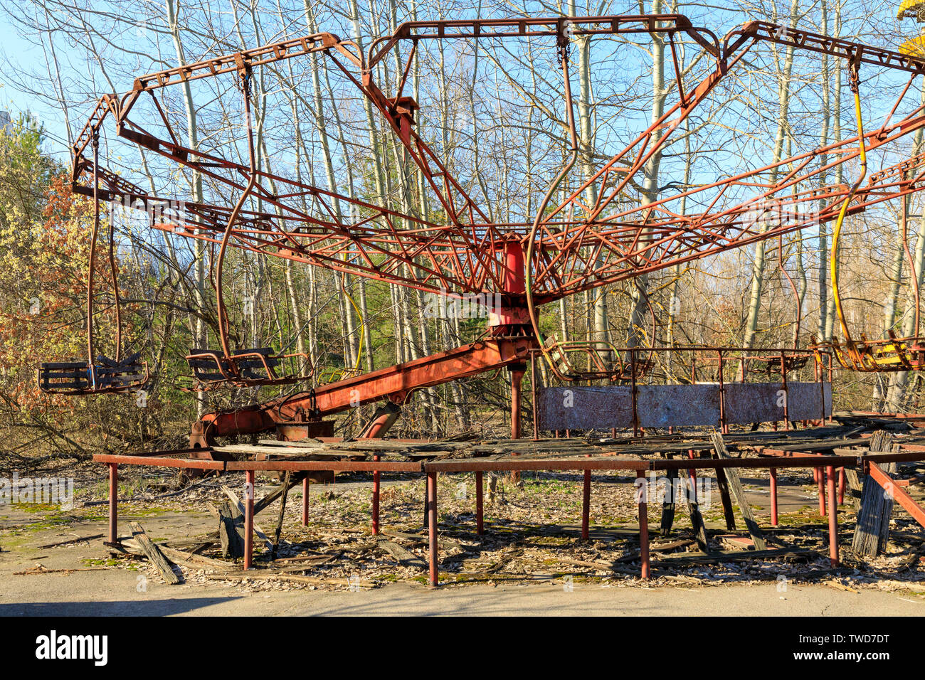 Eastern Europe, Ukraine, Pripyat, Chernobyl. Amusement park, swings on ...