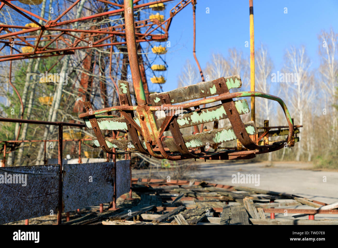 Eastern Europe, Ukraine, Pripyat, Chernobyl. Amusement park, swings on ...