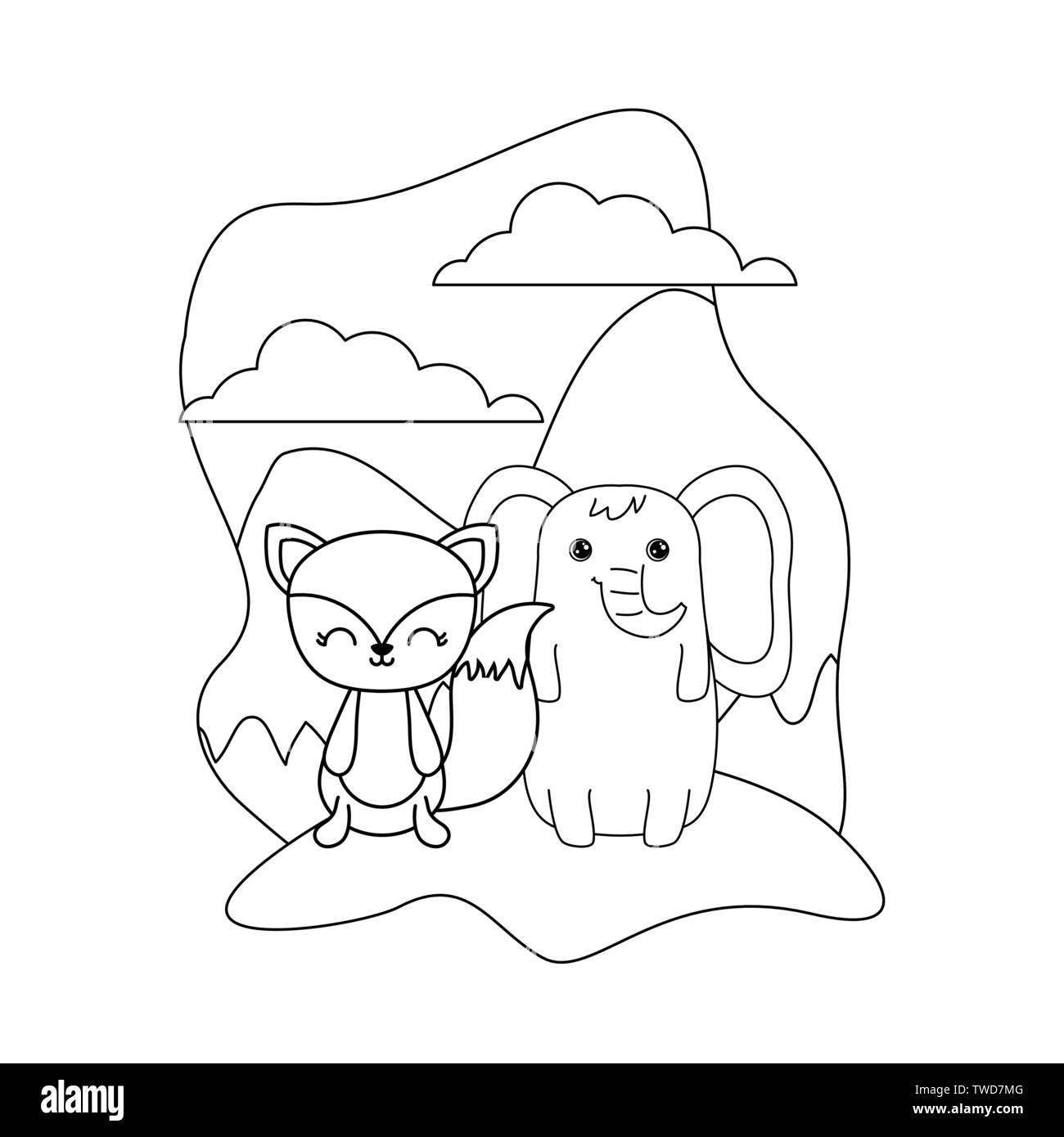 cute elephant with fox animals in landscape vector illustration design ...