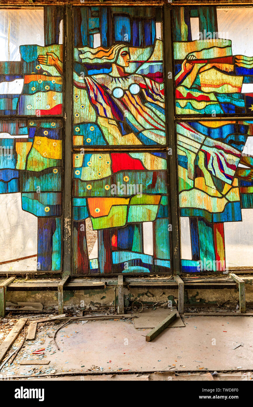 Eastern Europe, Ukraine, Pripyat, Chernobyl. Stained glass windows in ...