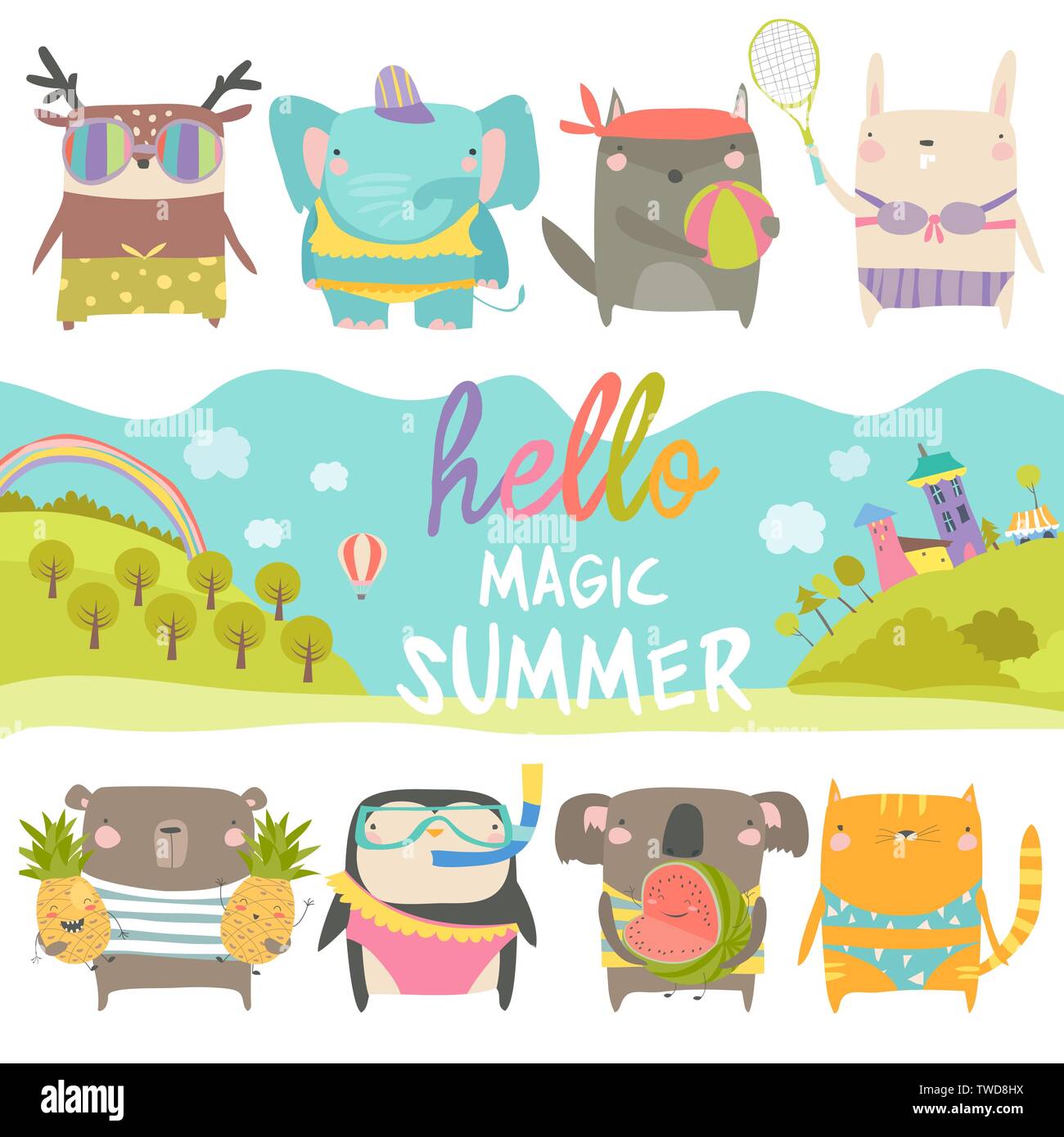 Set of cute animals with summer theme on white background Stock Vector ...