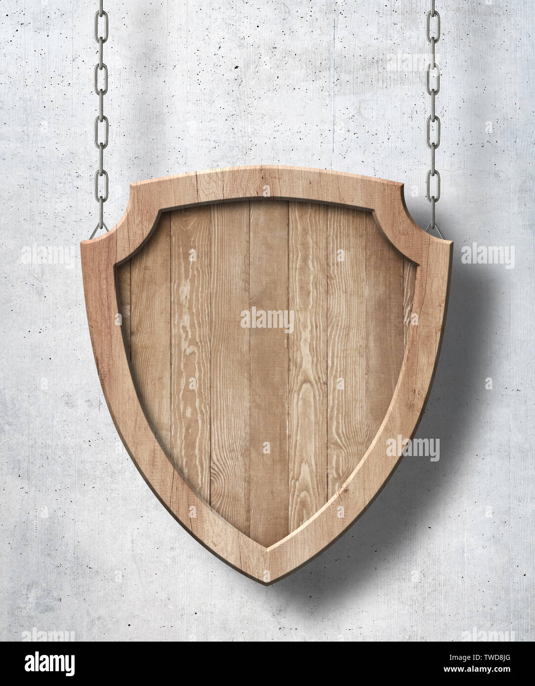 Defense protection shield shaped sign made of bright wood and hanging ...