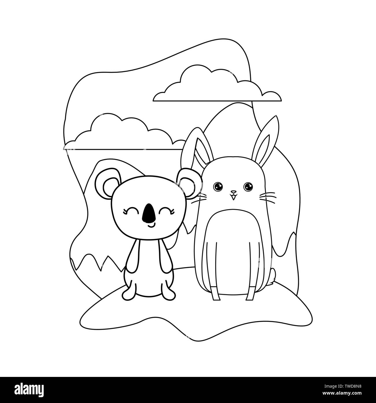 cute rabbit with koala animals in landscape vector illustration design ...