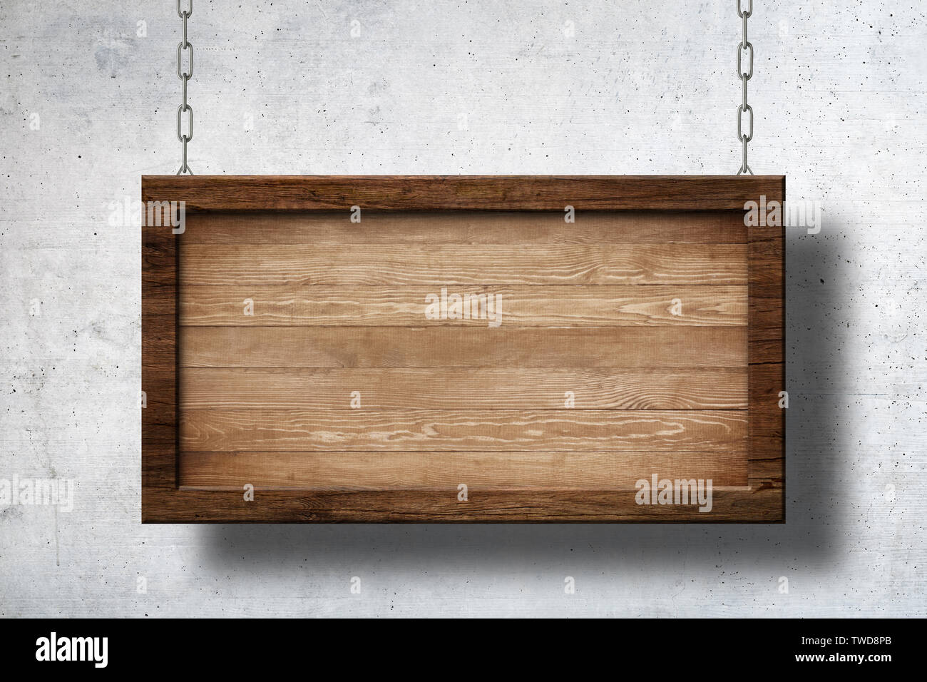 Large wooden sign hanging on chains with concrete wall background Stock ...