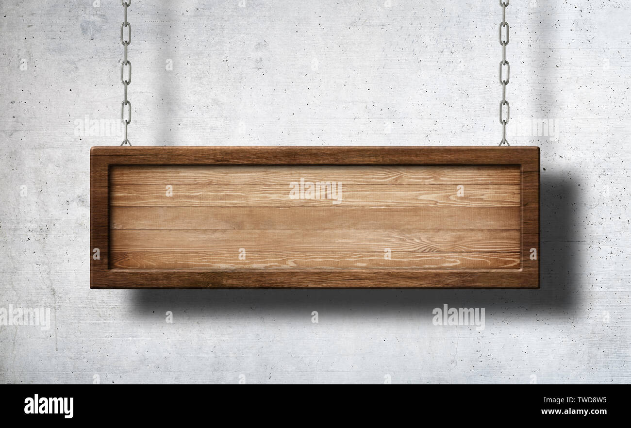Oblong wooden sign hanging on chains with concrete wall background ...