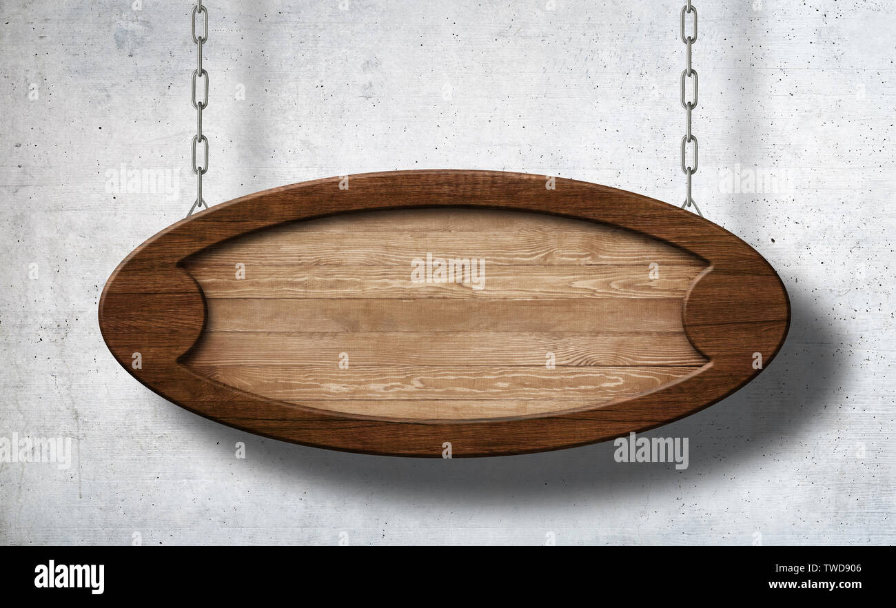 Empty oval wooden sign made of natural wood hanging on chains with ...
