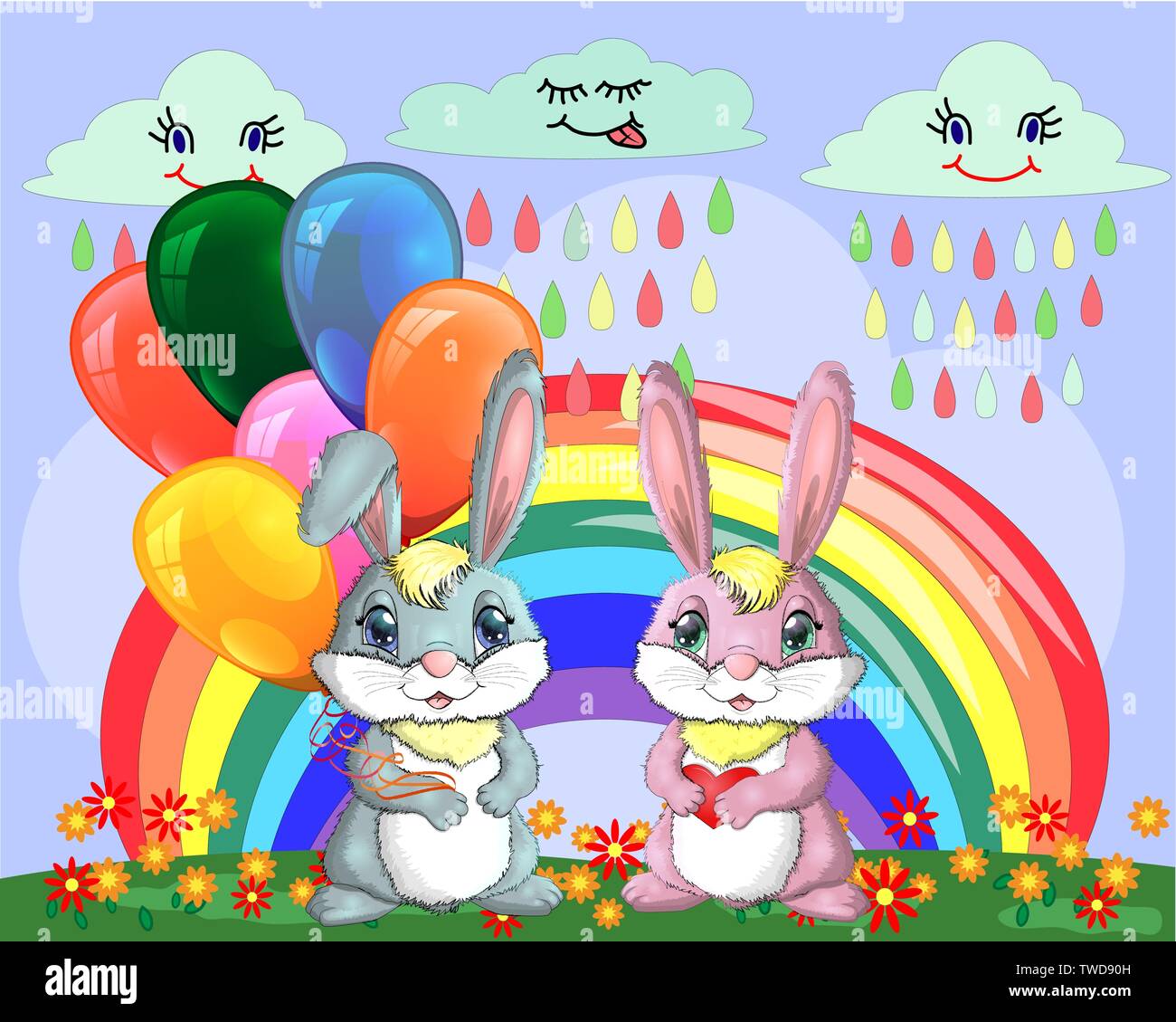 Cute cartoon bunny with an armful of balls and a bunny girlfriend in a ...