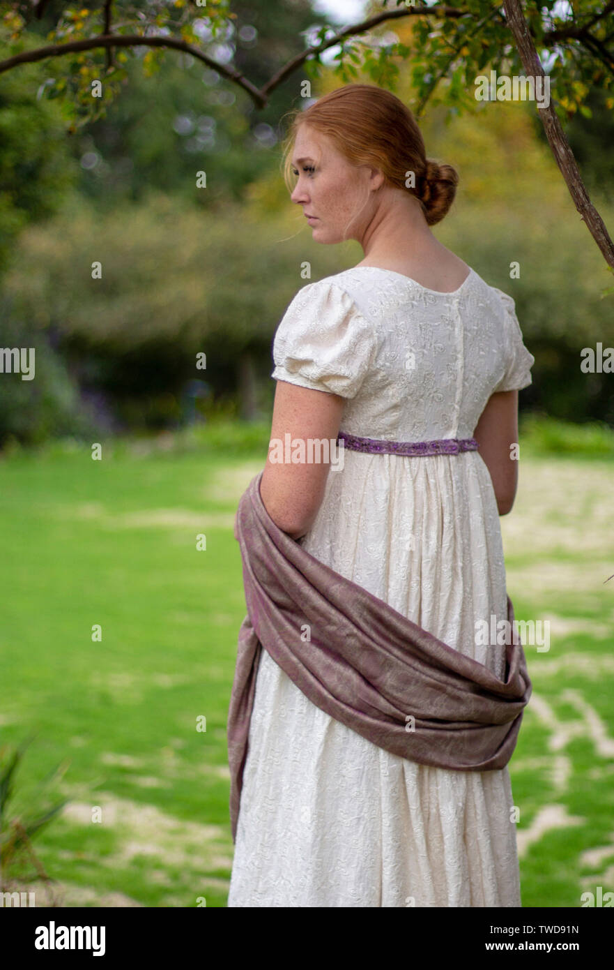 Regency woman in cream embroidered dress Stock Photo - Alamy