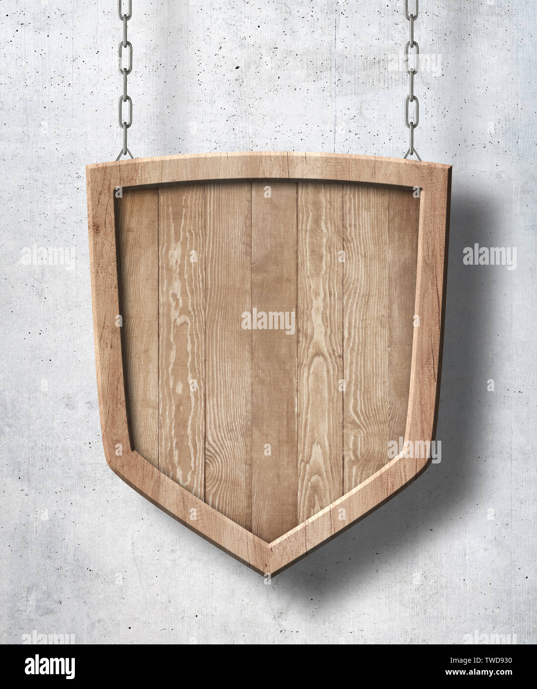 Protection shield shaped sign made of bright wood and hanging on chains ...