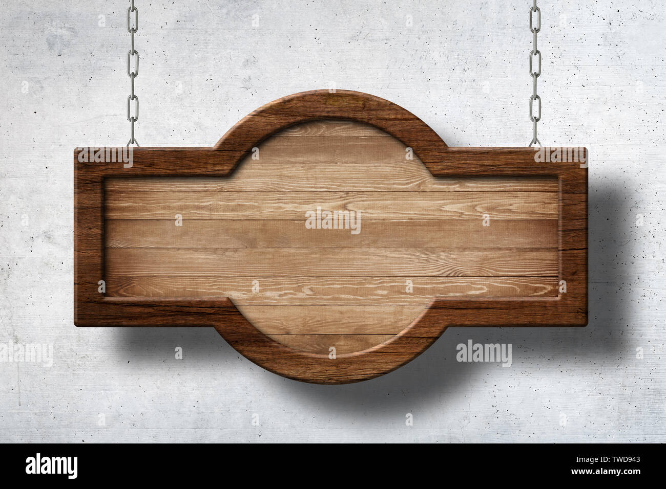 Wooden sign with rounded shape hanging on chains with concrete wall ...