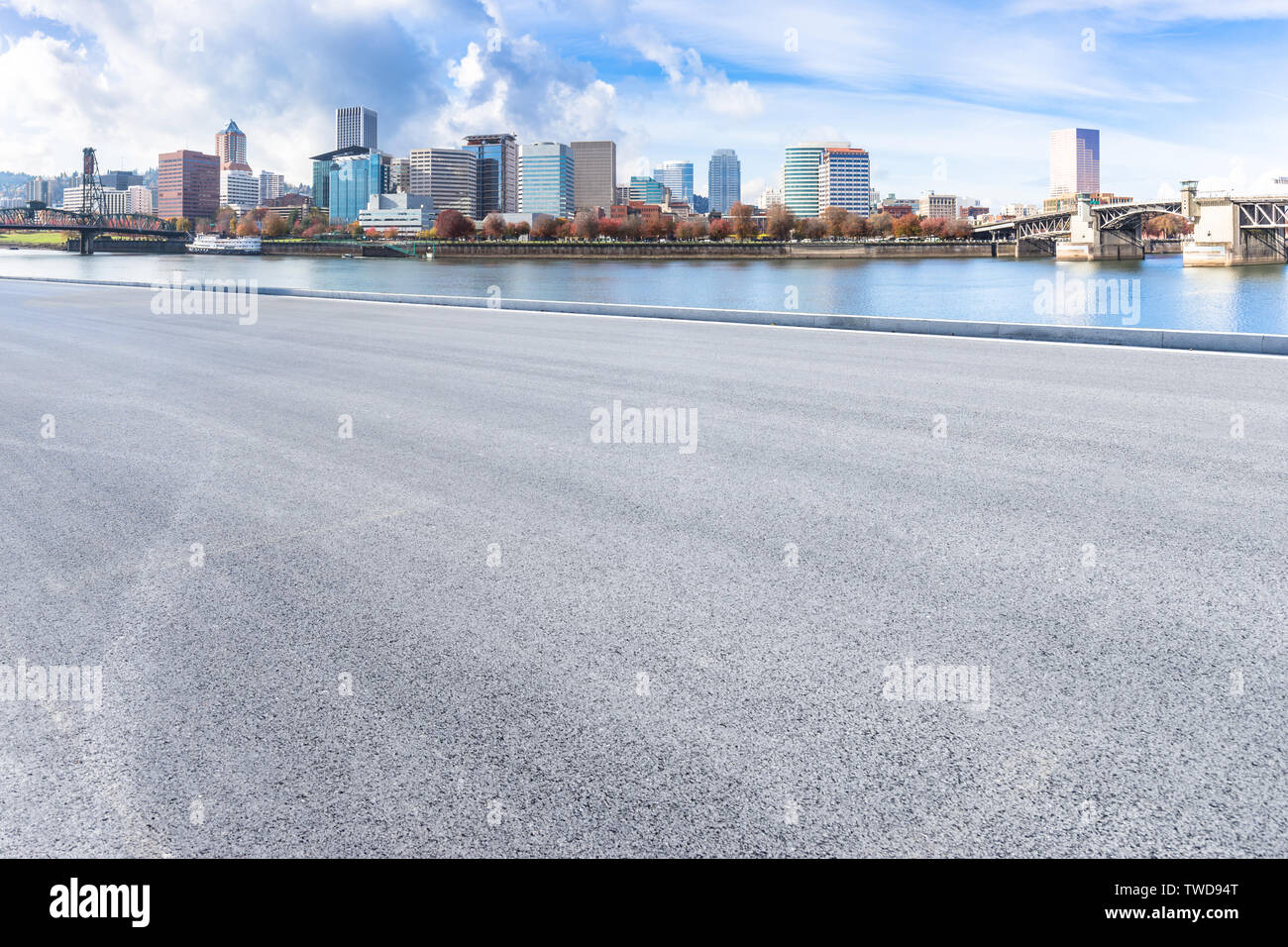 empty asphalt road with cityscape and skyline of portland Stock Photo ...