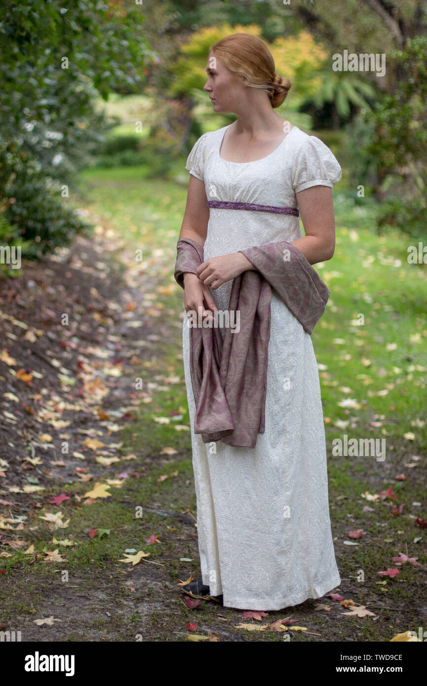 Regency woman in cream embroidered dress Stock Photo - Alamy