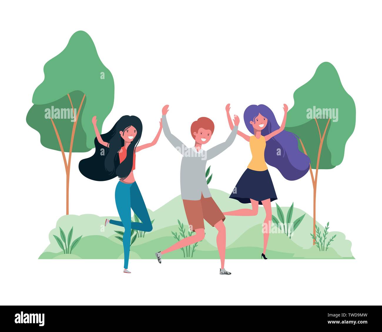 group of people dancing in landscape with trees and plants Stock Vector ...
