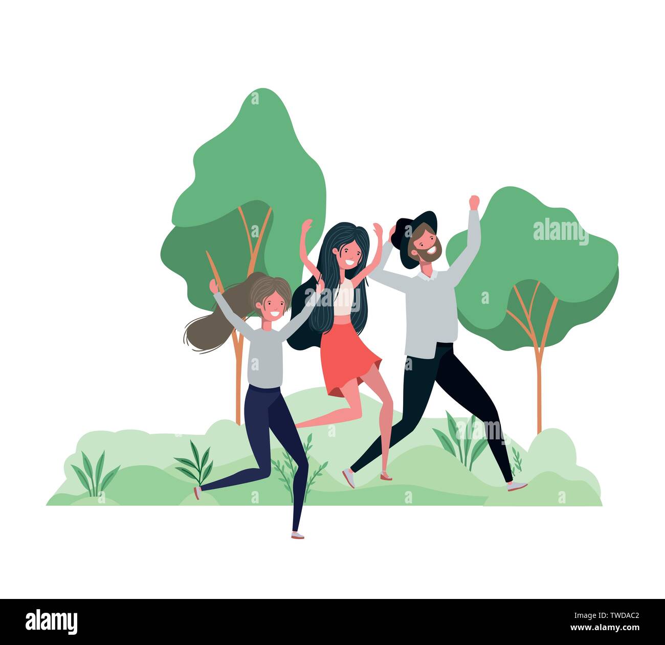 group of people dancing in landscape with trees and plants Stock Vector ...