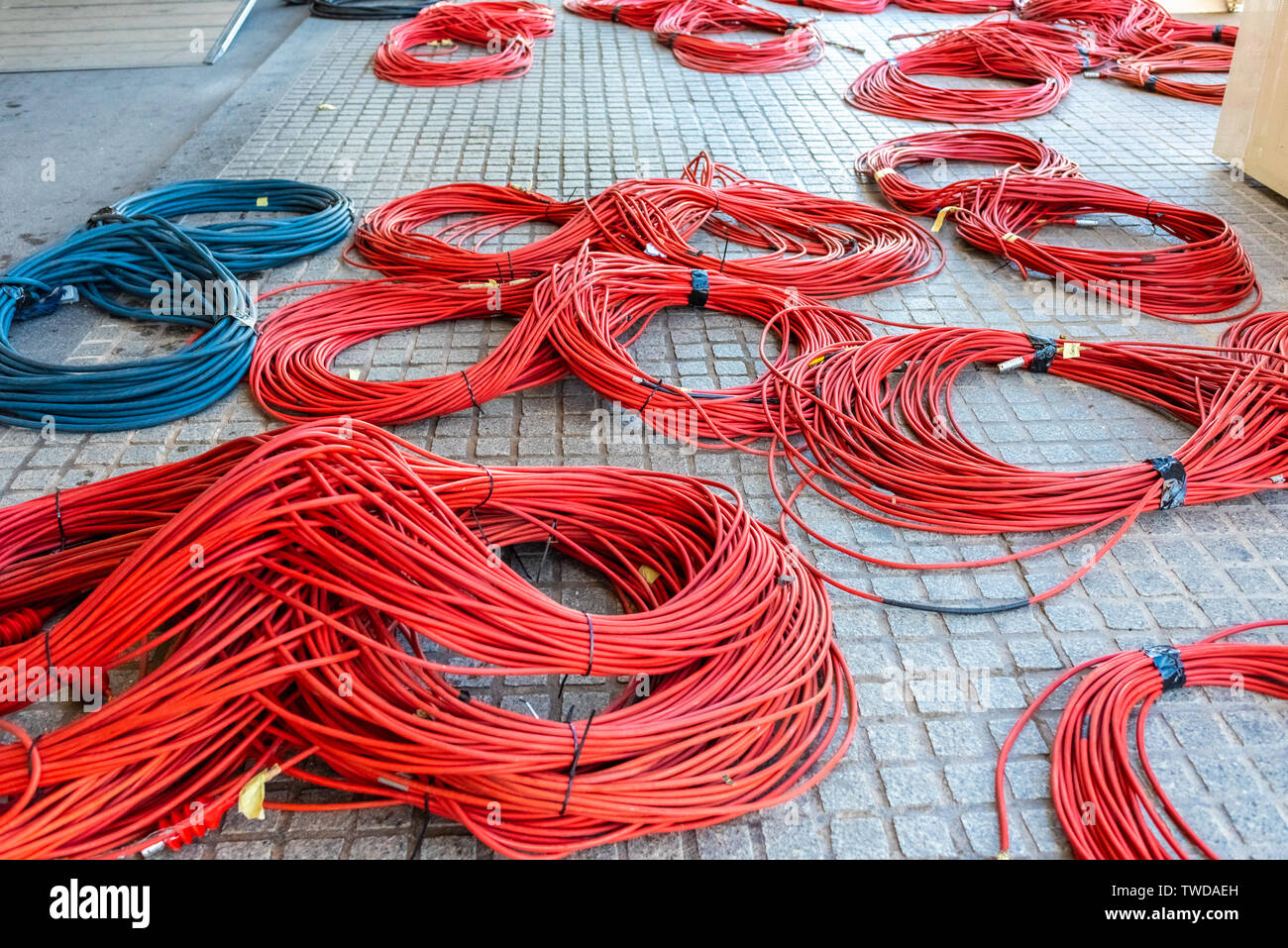 Large rolls of data cables ready to connect television data center ...