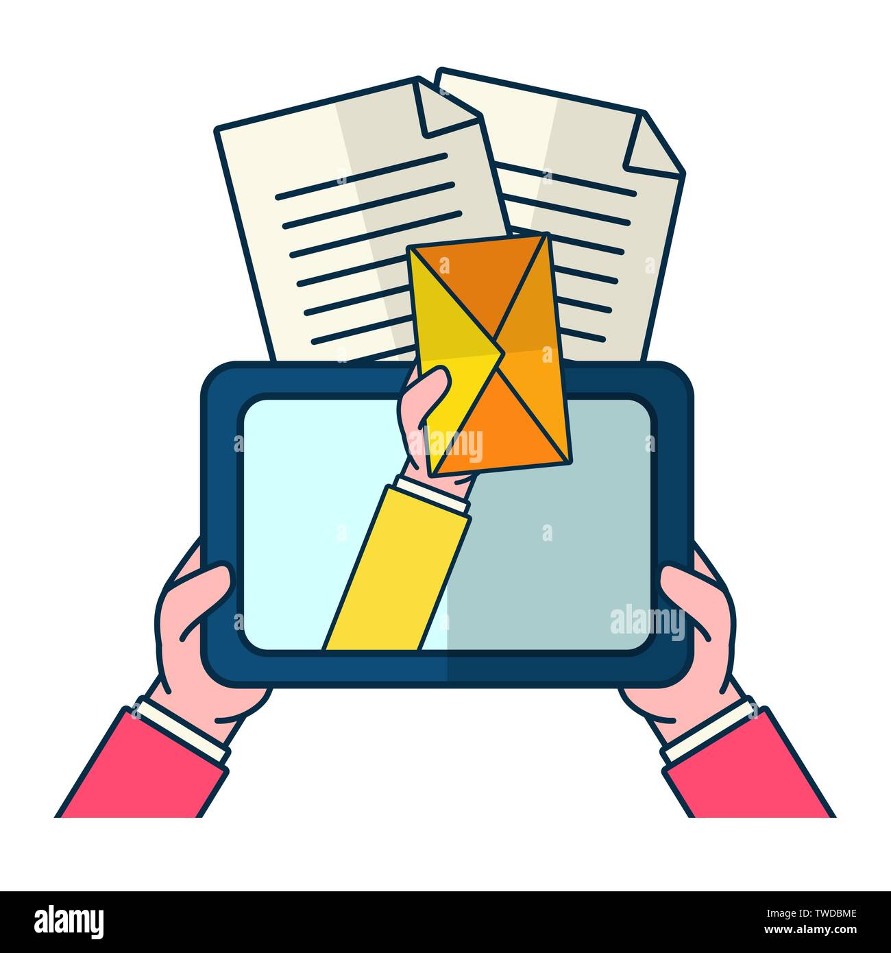 hands with tablet message envelope send email vector illustration Stock ...