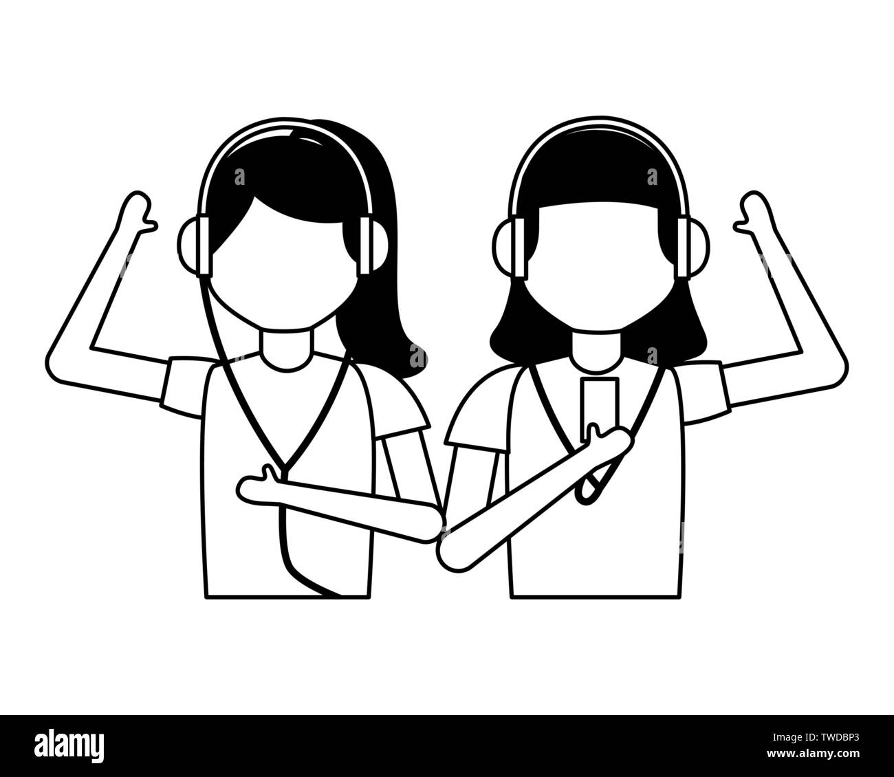 girls with earphones listening music vector illustration Stock Vector ...