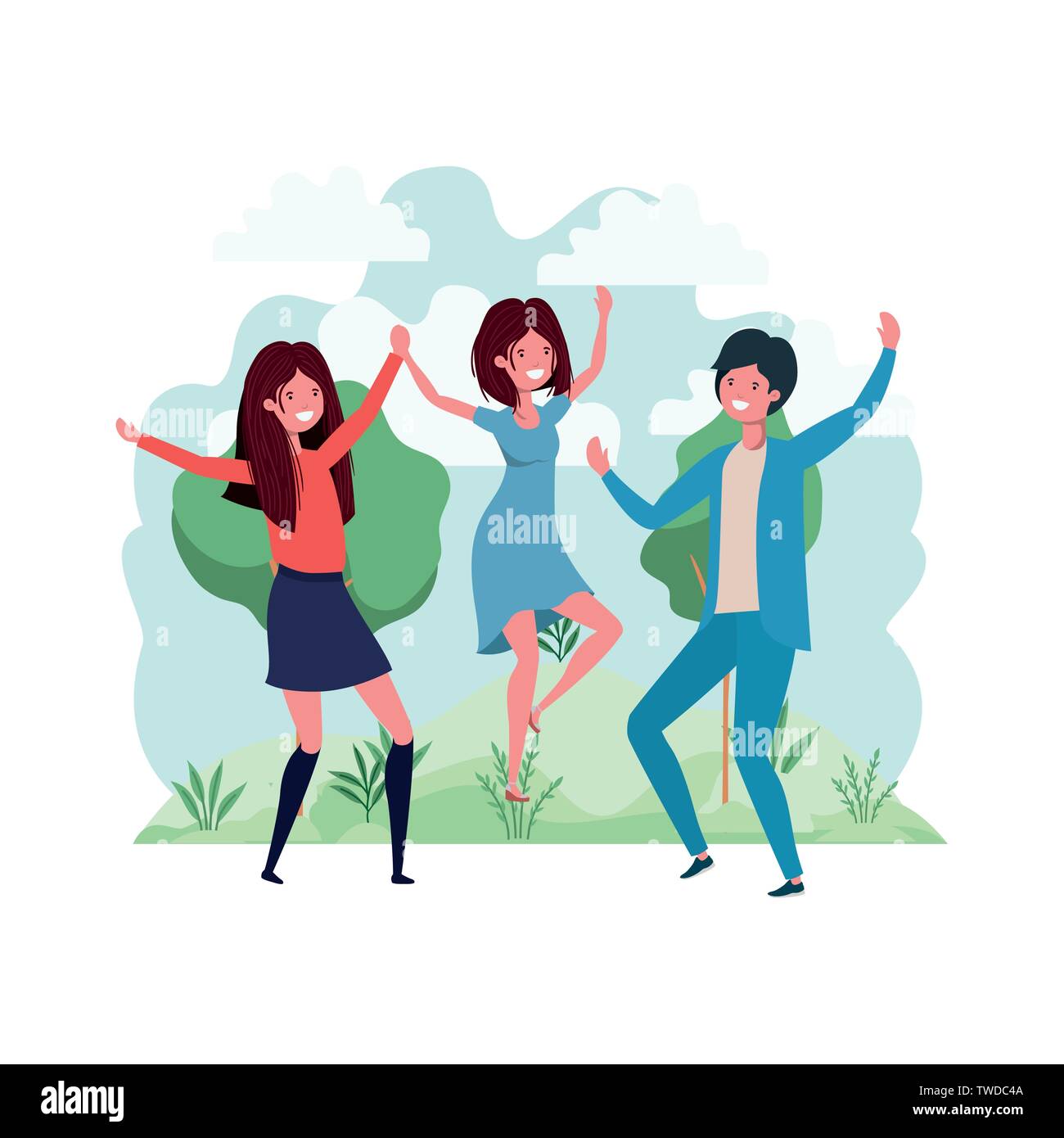 group of people dancing in landscape with trees and plants Stock Vector ...