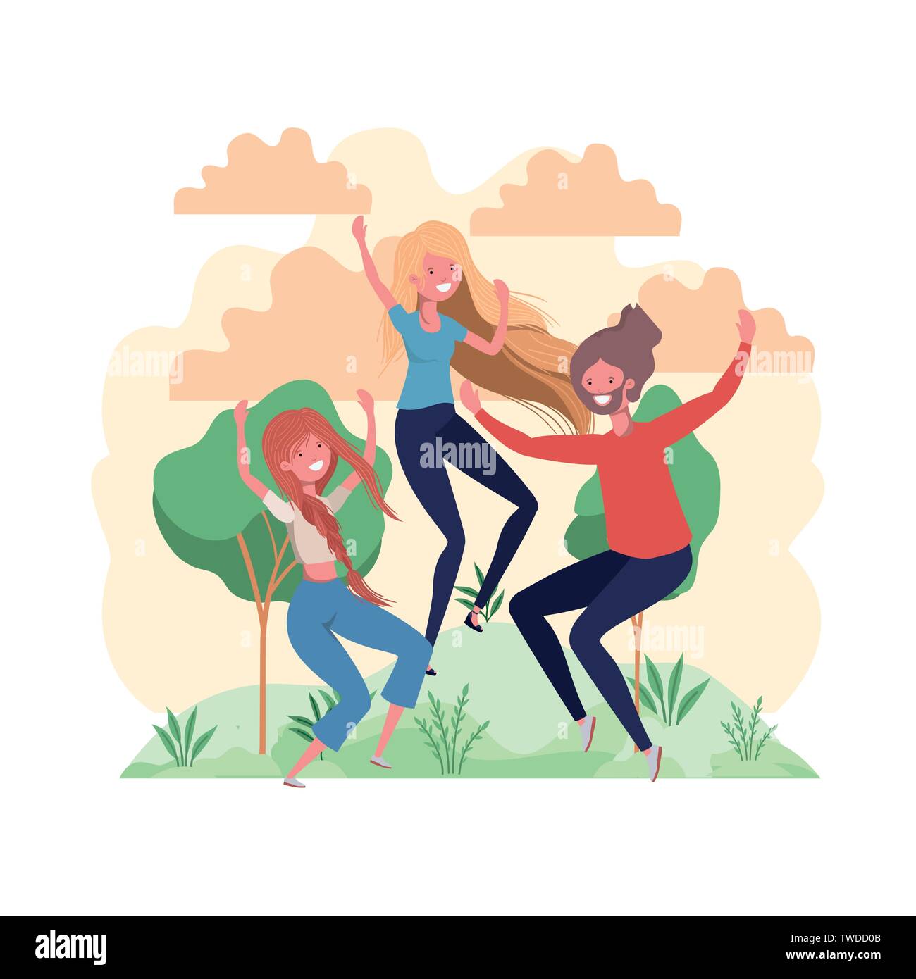 group of people dancing in landscape with trees and plants Stock Vector ...