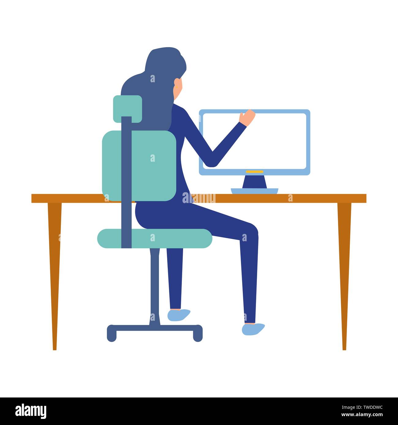 back view businesswoman working office desk computer business vector ...
