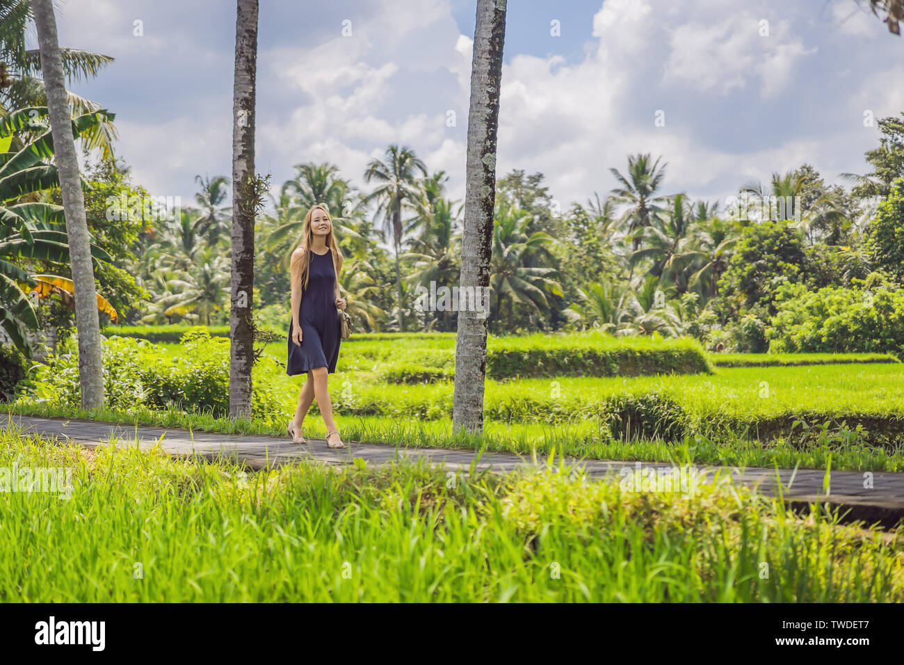 Woman walking in the rice field Bali Stock Photo - Alamy
