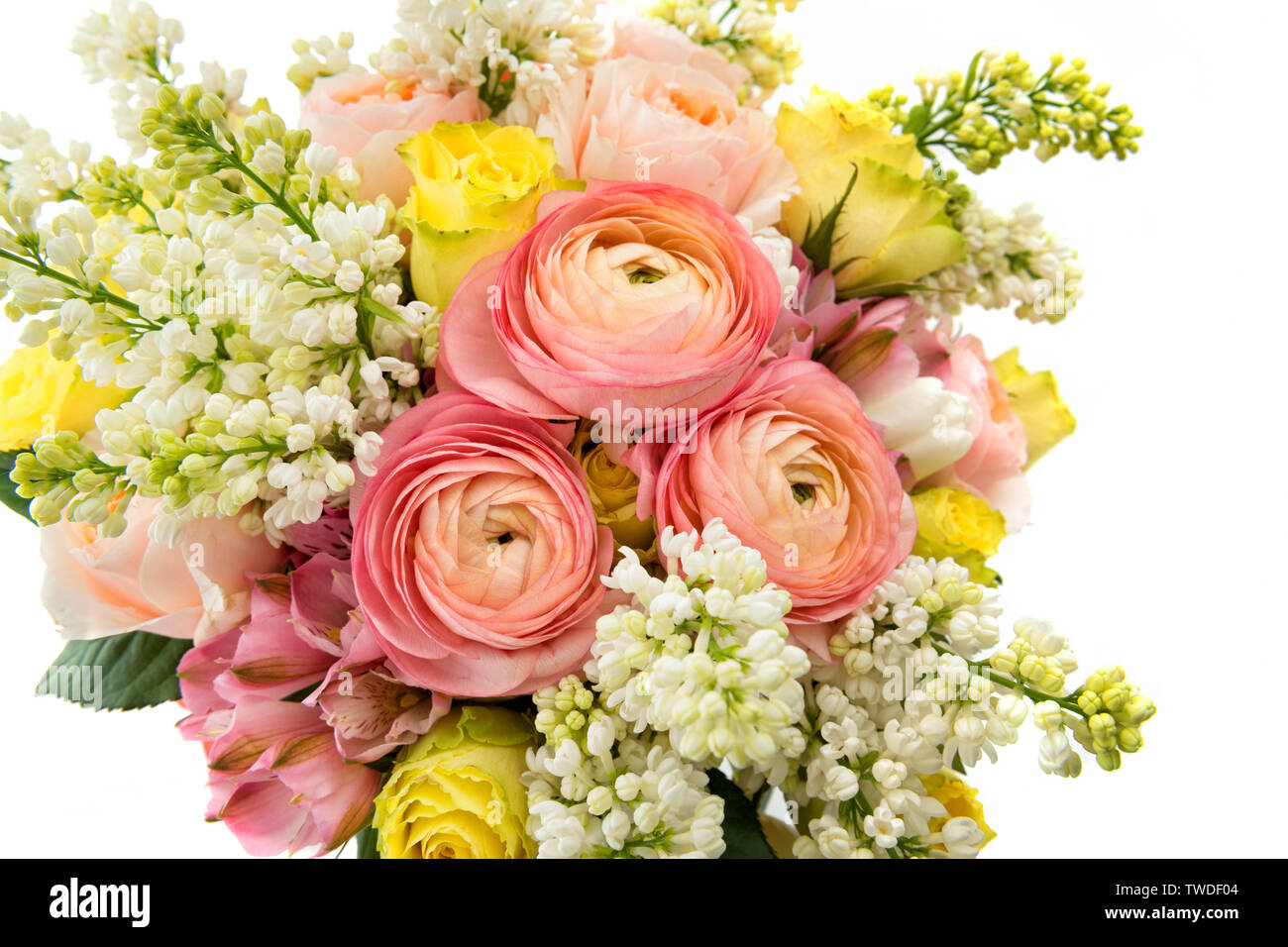Floral background with bunch of fresh spring flowers on white ...