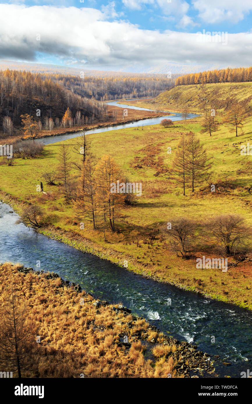 The strange geological landscape of the non-frozen river Stock Photo ...