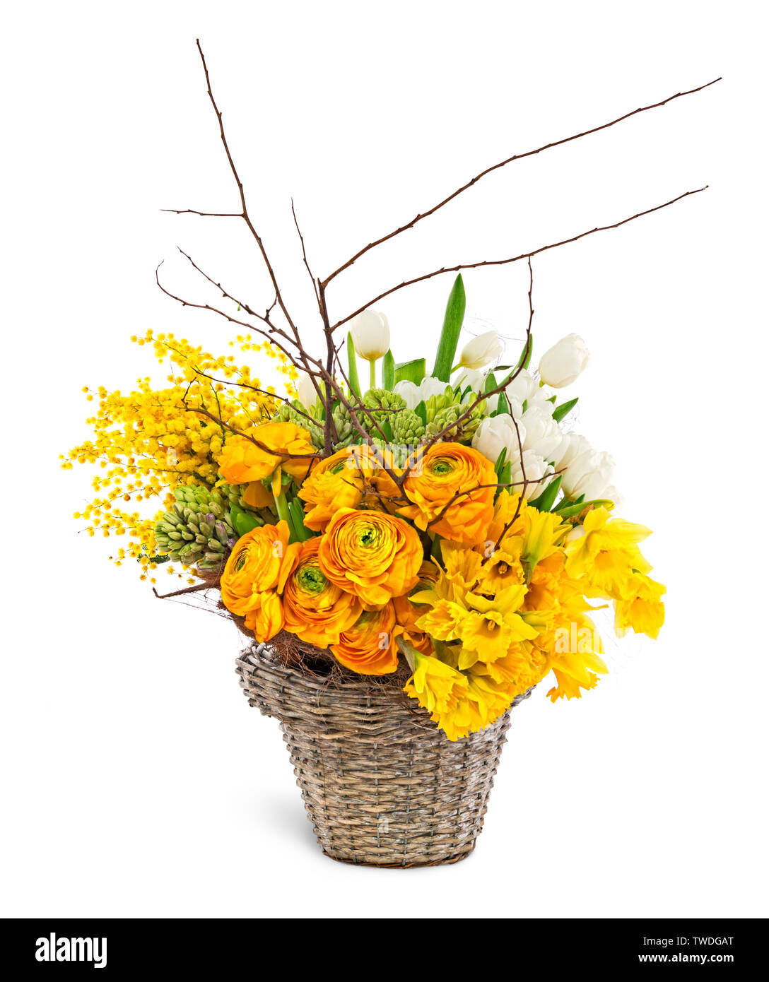 Beautiful flowers composition in a basket isolated on white background ...