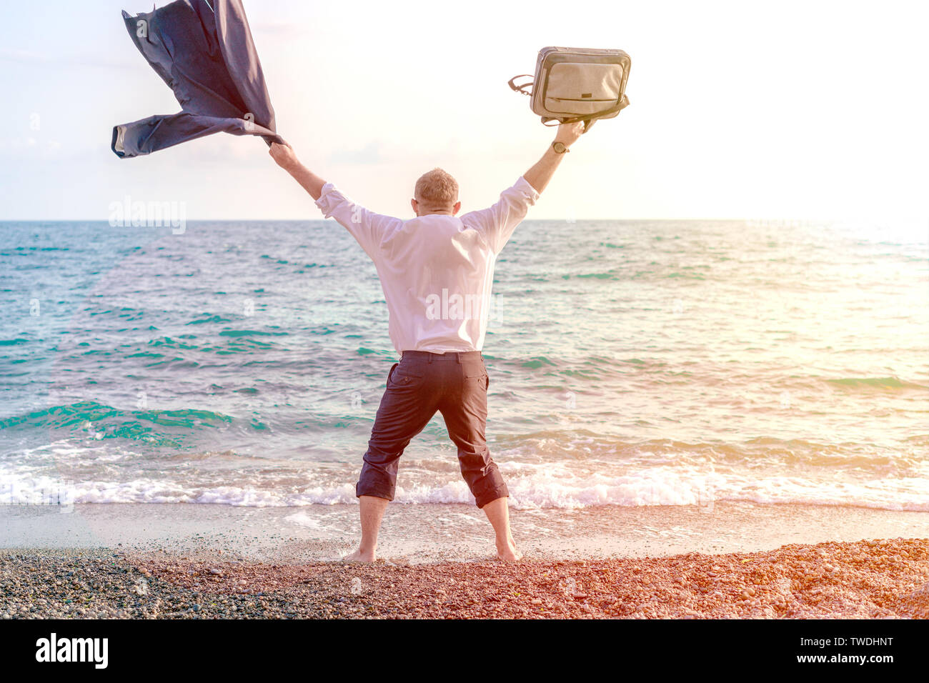 Businessman Raising His Hands or Open arms when sun rising up Stock ...