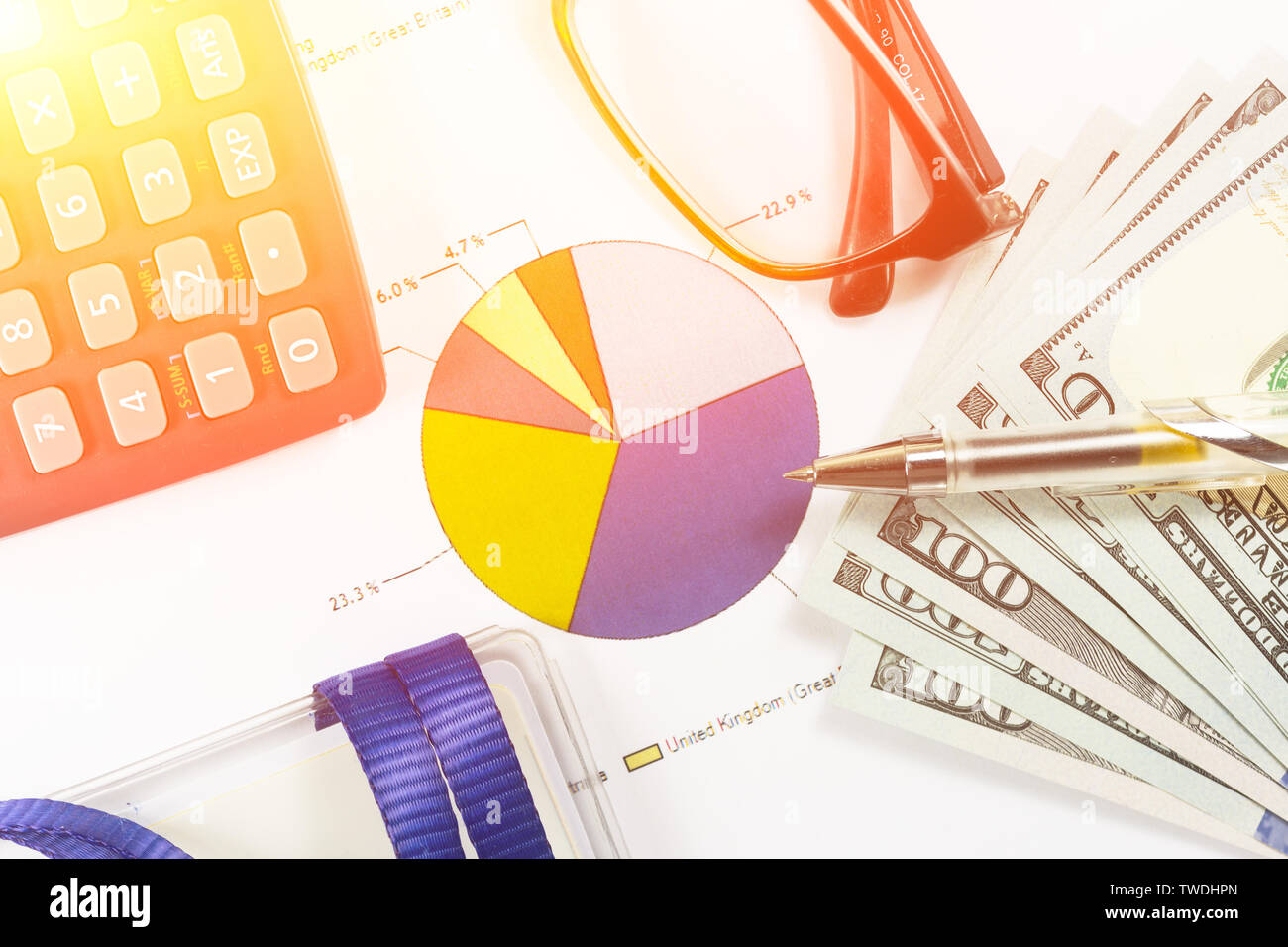 Calculator, US dollar bills, pens, business charts, glasses Stock Photo ...