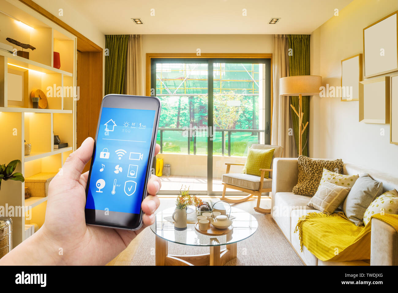 smart phone with smart home with modern living room Stock Photo - Alamy