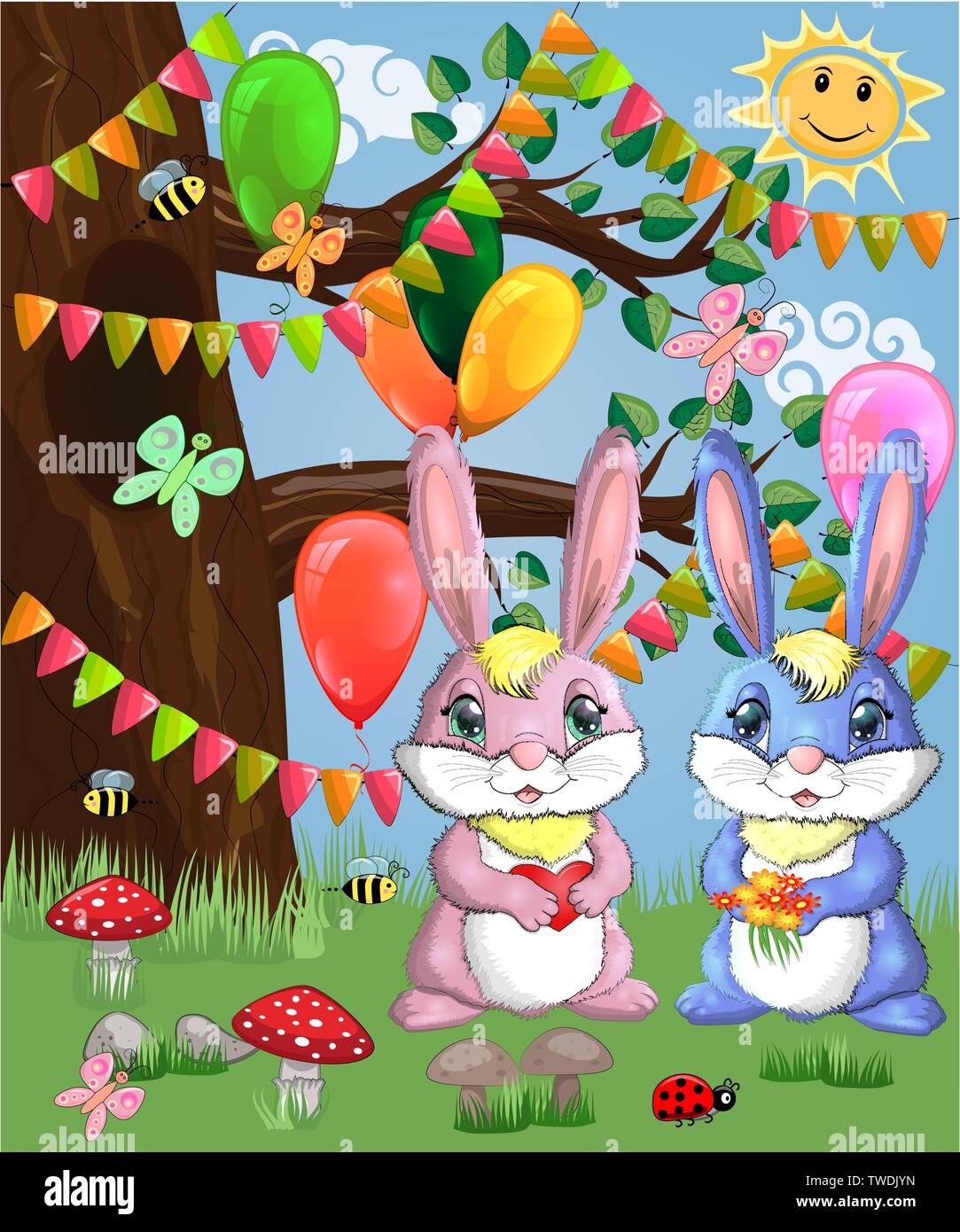 Two cute bunny in a forest glade. Boy and girl, concept spring, love ...
