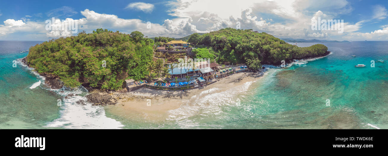 Sea bay with turquoise water and a small white beach. Beautiful lagoon ...