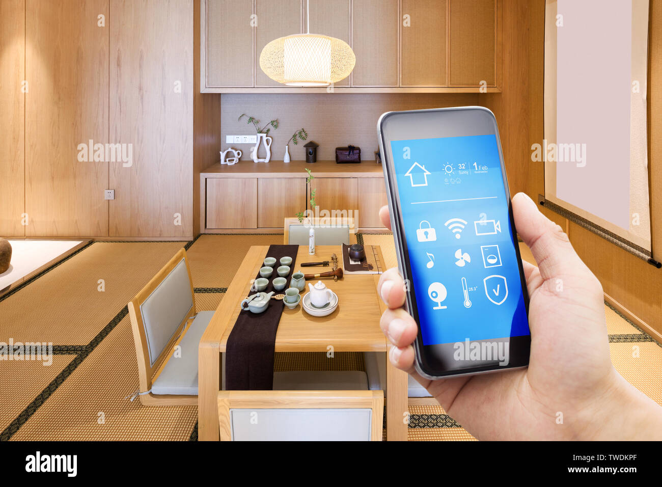 smart phone with smart home with modern living room Stock Photo - Alamy