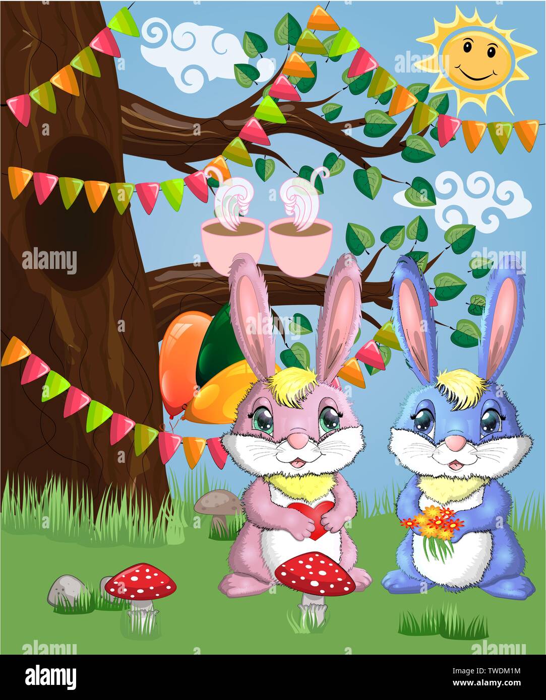Two cute bunny in a forest glade. Boy and girl, concept spring, love ...