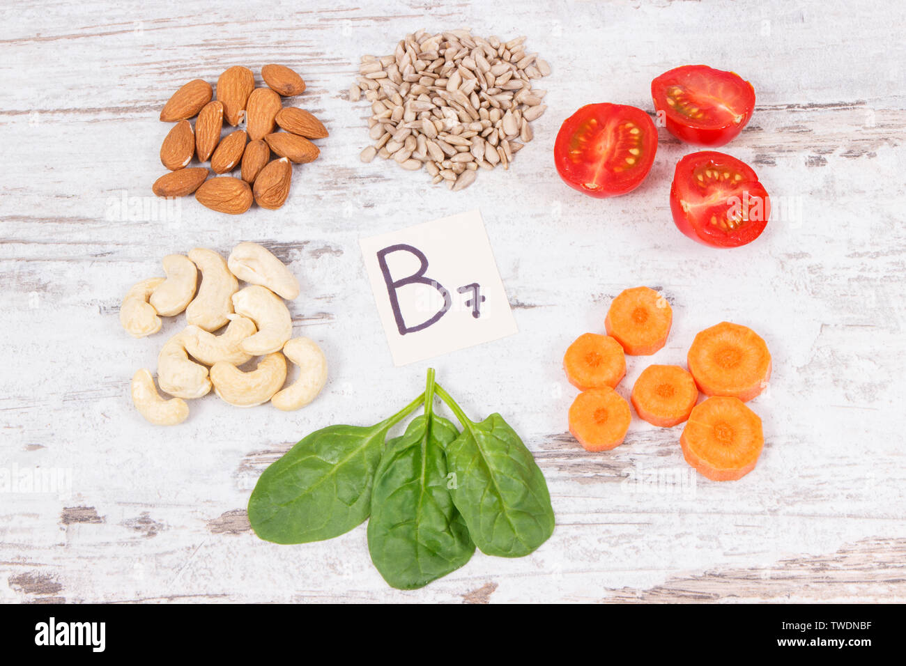 Healthy products and ingredients as source vitamin B7, dietary fiber ...