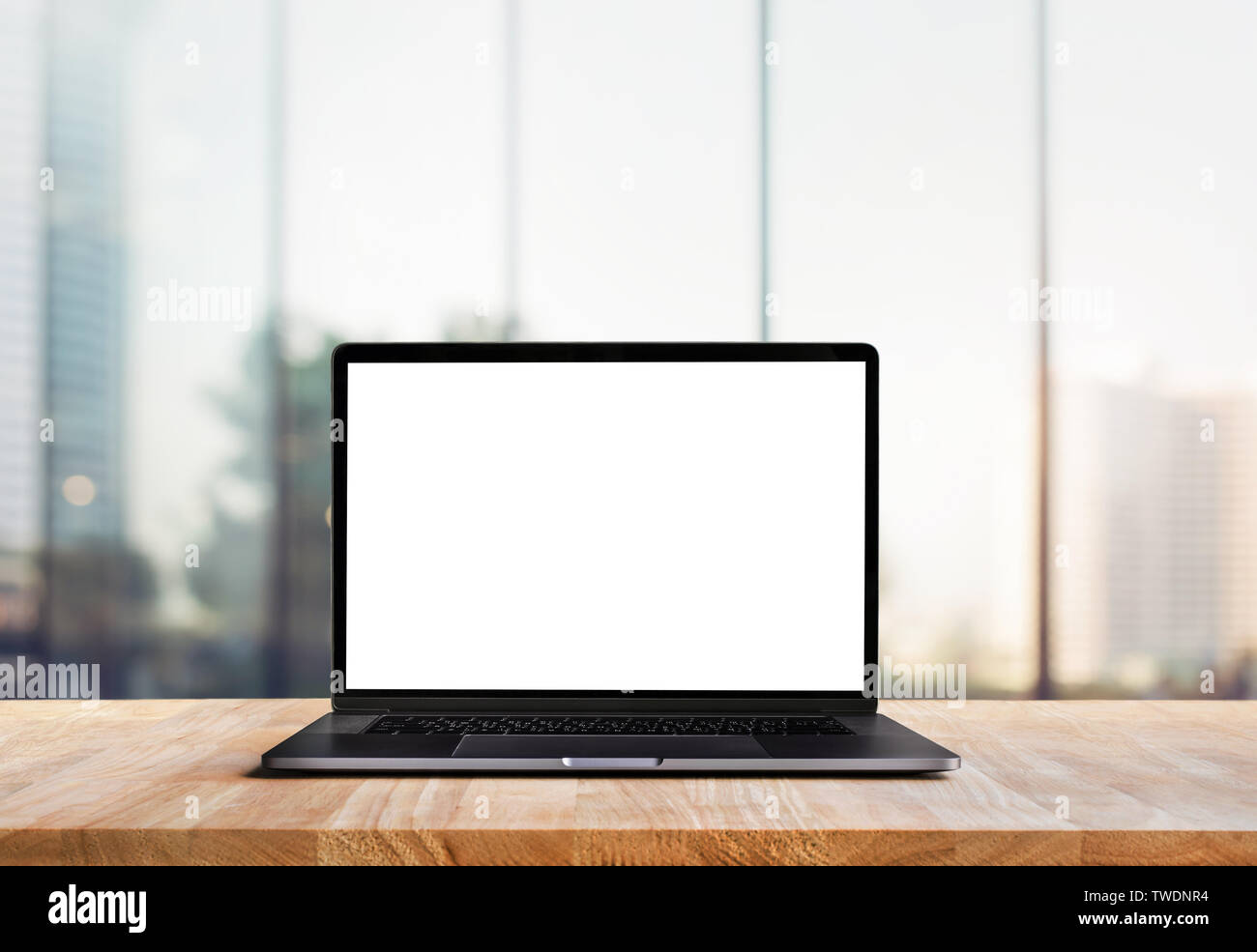 Modern computer,laptop with blank screen on counter bar(retail store ...