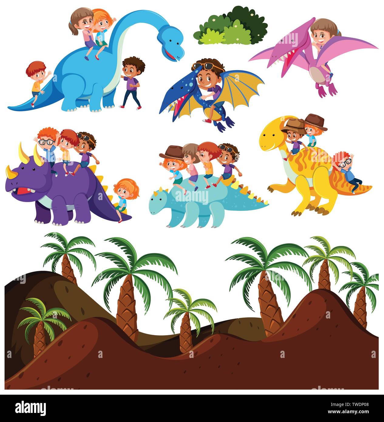 Kids riding dinosaur and prehistoric background illustration Stock ...