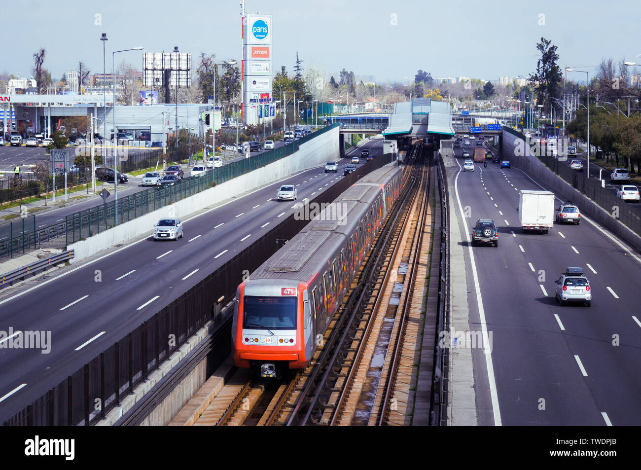 SANTIAGO, CHILE - AUGUST 2017: A Metro de Santiago train exiting Quilin ...