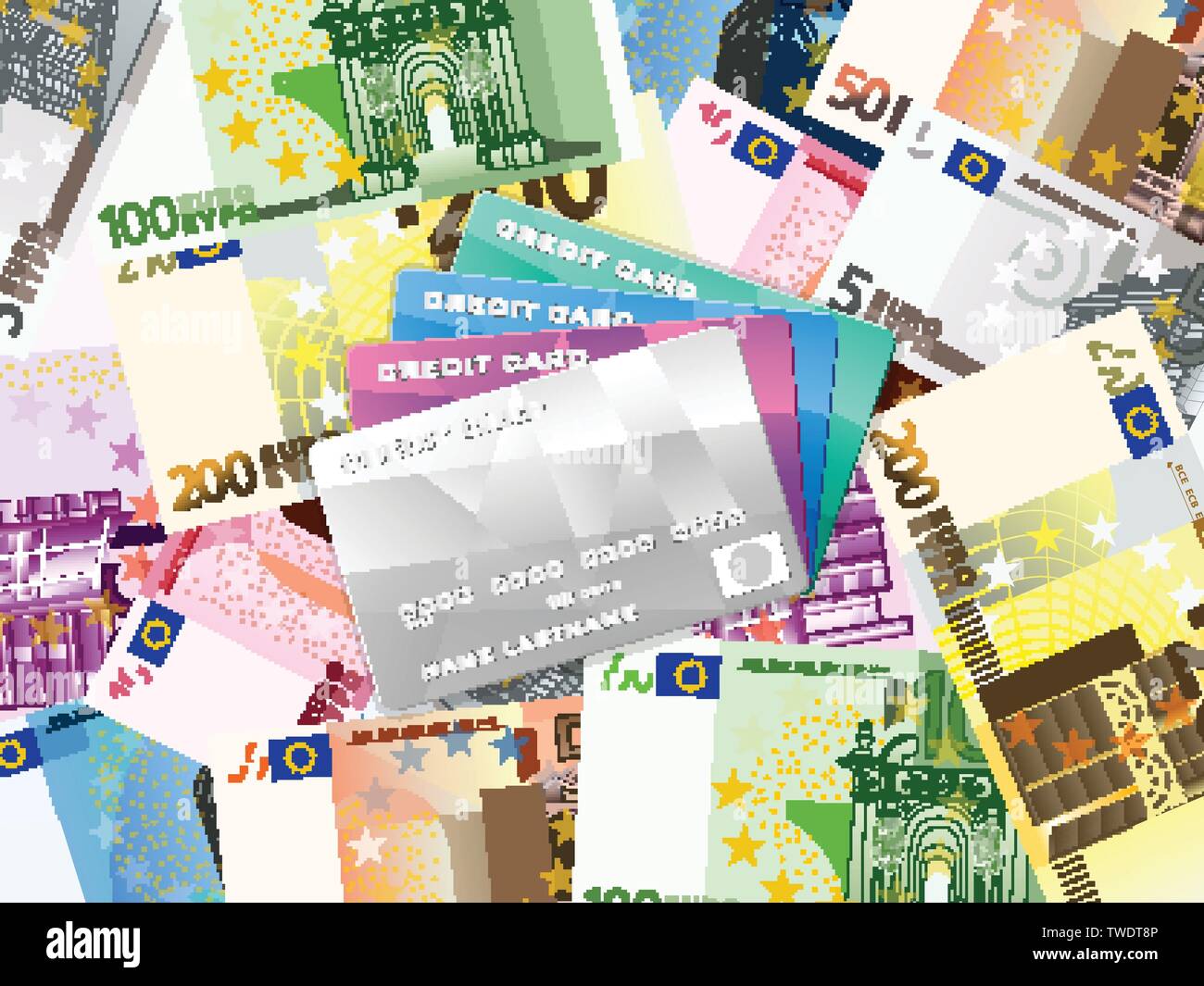 Credit cards on euro banknotes background. Vector illustration Stock ...